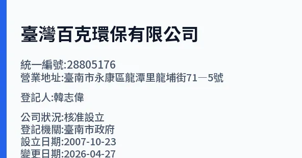 臺灣百克環保有限公司的照片-統編 28805176(臺南市) 公司登記資料與營業項目詳細圖表