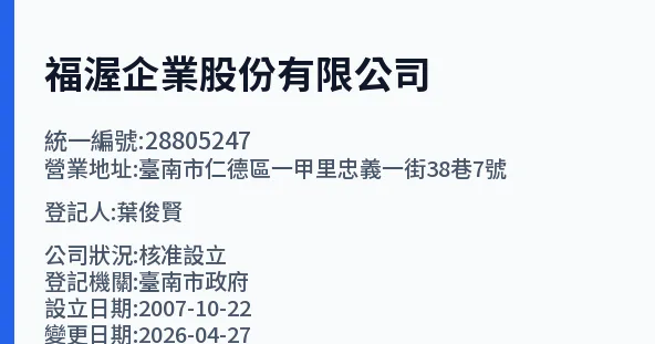 福渥企業股份有限公司的照片-統編 28805247(臺南市) 公司登記資料與營業項目詳細圖表