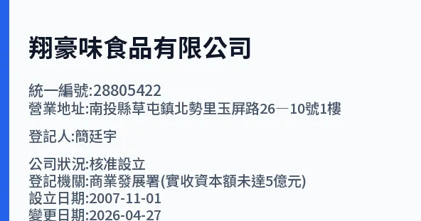翔豪味食品有限公司的照片-統編 28805422(南投縣) 公司登記資料與營業項目詳細圖表