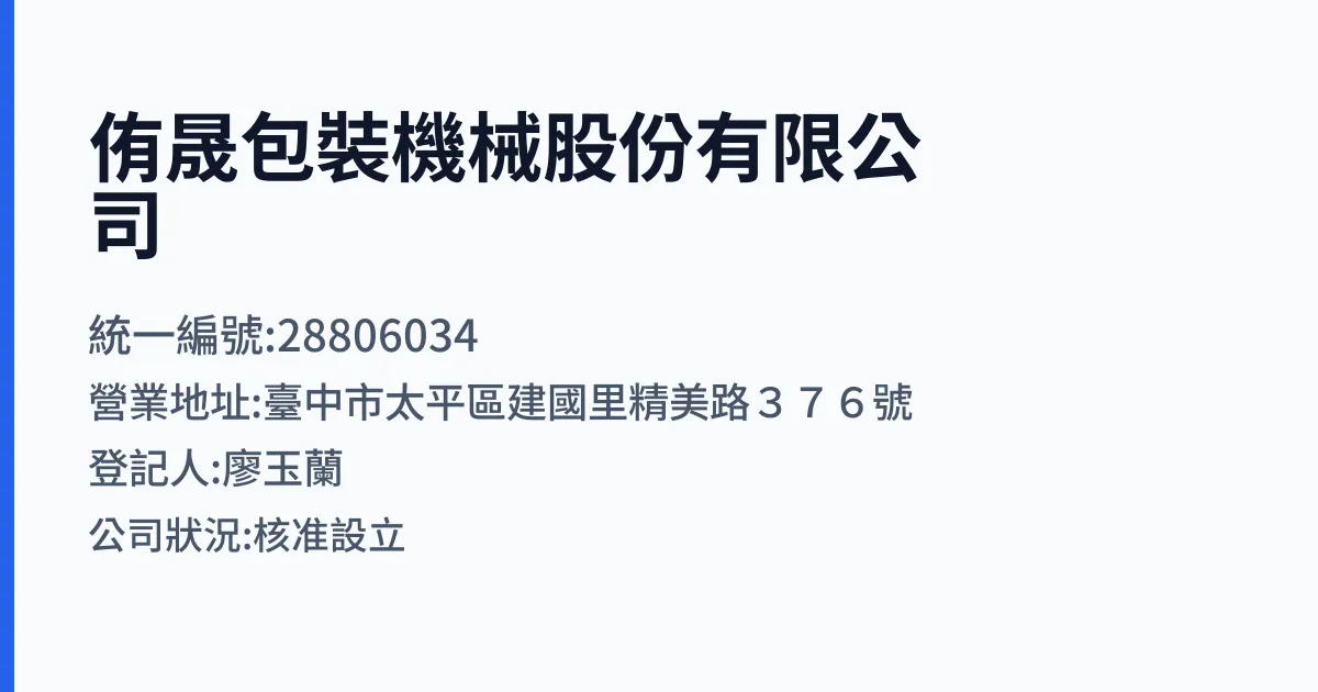 侑晟包裝機械股份有限公司 - 統編 28806034(臺中市) 公司登記資料與營業項目詳細圖表