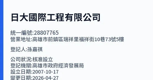 日大國際工程有限公司的照片-統編 28807765(高雄市) 公司登記資料與營業項目詳細圖表