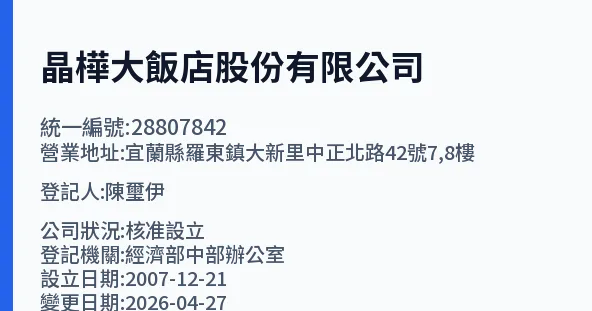 晶樺大飯店股份有限公司的照片-統編 28807842(宜蘭縣) 公司登記資料與營業項目詳細圖表