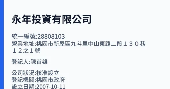 永年投資有限公司的照片-統編 28808103(桃園市) 公司登記資料與營業項目詳細圖表