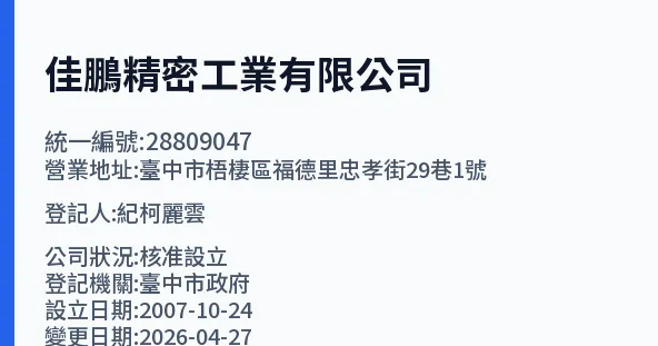 佳鵬精密工業有限公司的照片-統編 28809047(臺中市) 公司登記資料與營業項目詳細圖表