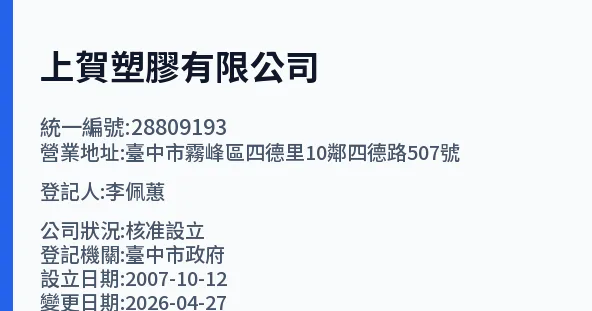 上賀塑膠有限公司的照片-統編 28809193(臺中市) 公司登記資料與營業項目詳細圖表