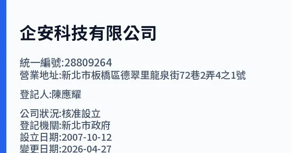 企安科技有限公司的照片-統編 28809264(新北市) 公司登記資料與營業項目詳細圖表