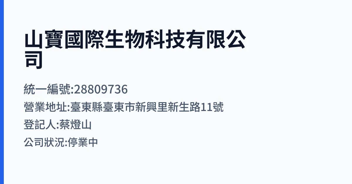 山寶國際生物科技有限公司 - 統編 28809736(臺東縣) 公司登記資料與營業項目詳細圖表