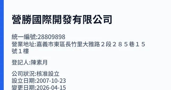 營勝國際開發有限公司的照片-統編 28809898(嘉義市) 公司登記資料與營業項目詳細圖表