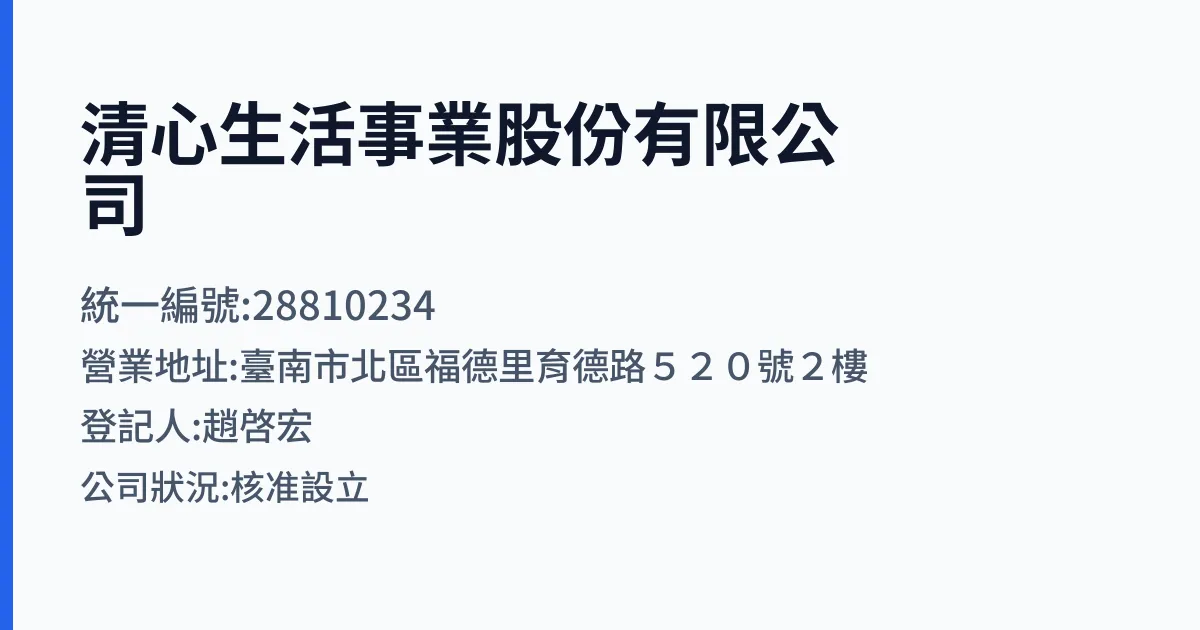 清心生活事業股份有限公司 - 統編 28810234(臺南市) 公司登記資料與營業項目詳細圖表