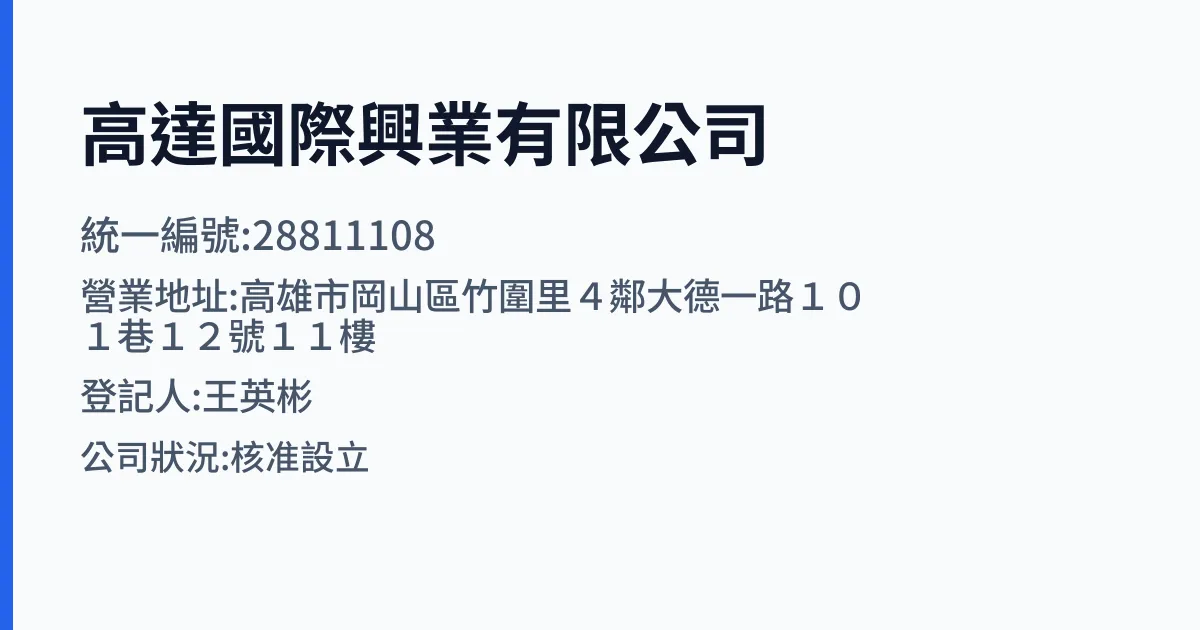 高達國際興業有限公司 - 統編 28811108(高雄市) 公司登記資料與營業項目詳細圖表