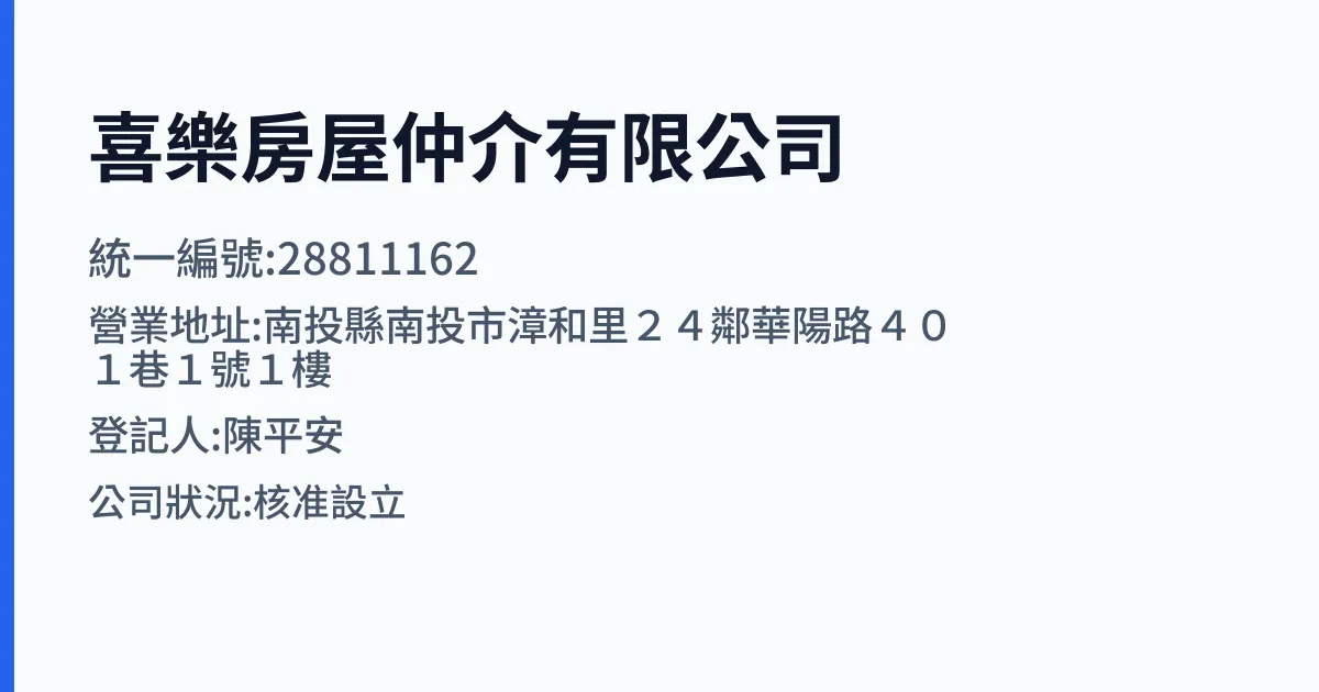 喜樂房屋仲介有限公司 - 統編 28811162(南投縣) 公司登記資料與營業項目詳細圖表