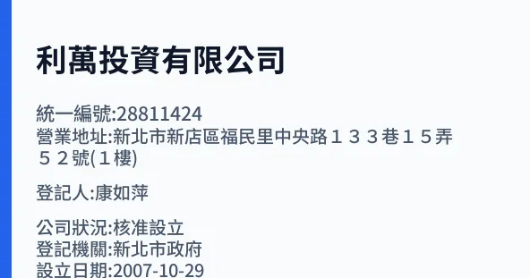 利萬投資有限公司的照片-統編 28811424(新北市) 公司登記資料與營業項目詳細圖表
