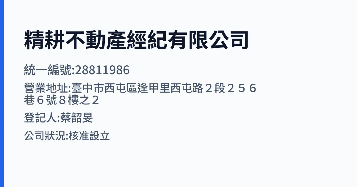 精耕不動產經紀有限公司 - 統編 28811986(臺中市) 公司登記資料與營業項目詳細圖表