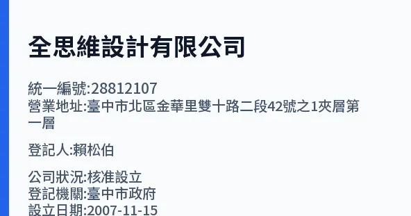 全思維設計有限公司的照片-統編 28812107(臺中市) 公司登記資料與營業項目詳細圖表