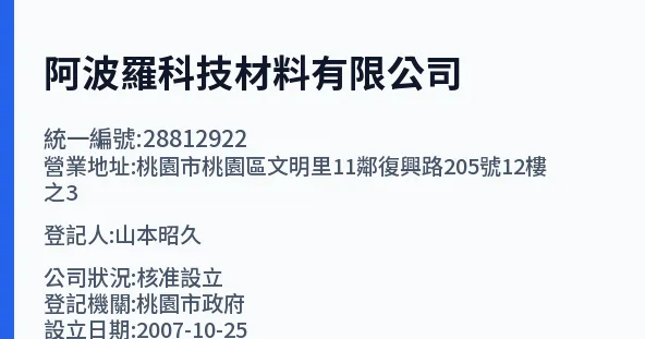 阿波羅科技材料有限公司的照片-統編 28812922(桃園市) 公司登記資料與營業項目詳細圖表