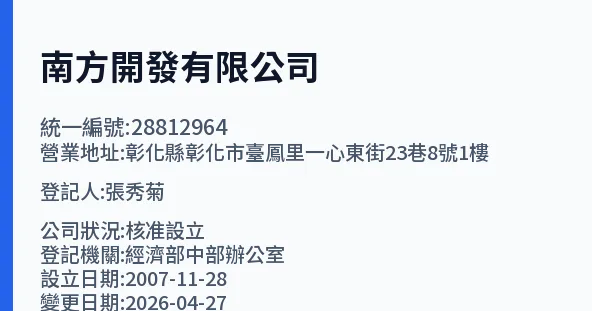 南方開發有限公司的照片-統編 28812964(彰化縣) 公司登記資料與營業項目詳細圖表