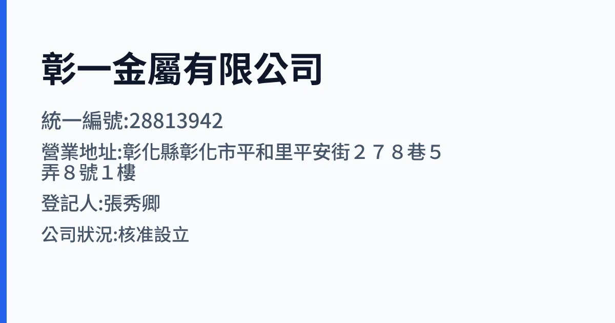 彰一金屬有限公司 - 統編 28813942(彰化縣) 公司登記資料與營業項目詳細圖表