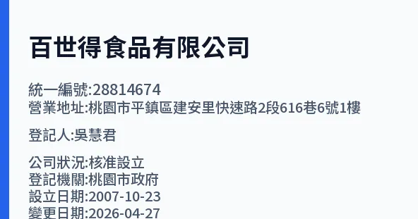 百世得食品有限公司的照片-統編 28814674(桃園市) 公司登記資料與營業項目詳細圖表
