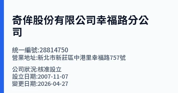 奇侔股份有限公司幸福路分公司的照片-統編 28814750(新北市) 公司登記資料與營業項目詳細圖表