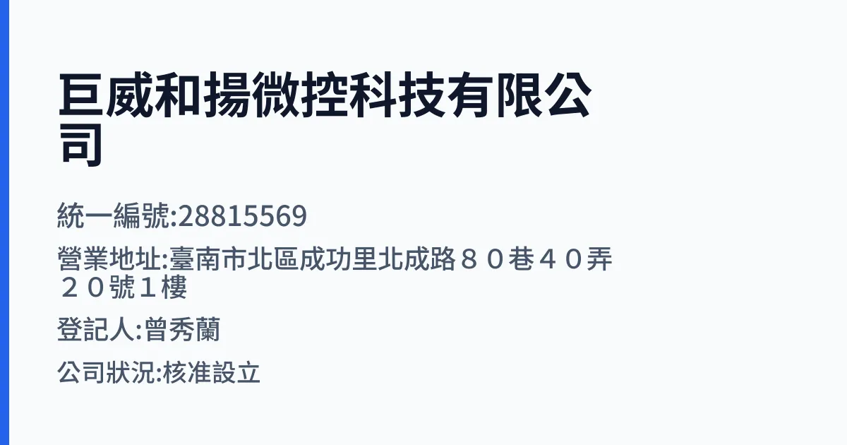 巨威和揚微控科技有限公司 - 統編 28815569（臺南市） 公司登記資料與營業項目詳細圖表