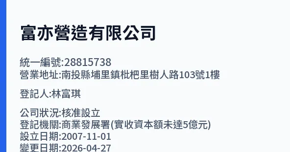 富亦營造有限公司的照片-統編 28815738(南投縣) 公司登記資料與營業項目詳細圖表