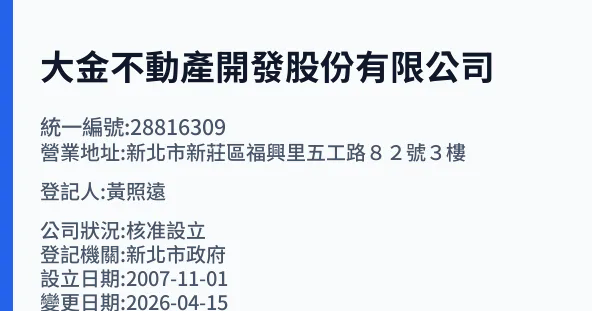 大金不動產開發股份有限公司的照片-統編 28816309(新北市) 公司登記資料與營業項目詳細圖表