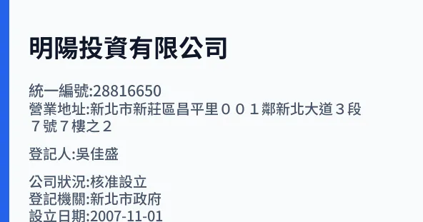 明陽投資有限公司的照片-統編 28816650(新北市) 公司登記資料與營業項目詳細圖表