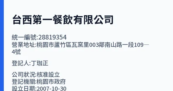 台西第一餐飲有限公司的照片-統編 28819354(桃園市) 公司登記資料與營業項目詳細圖表