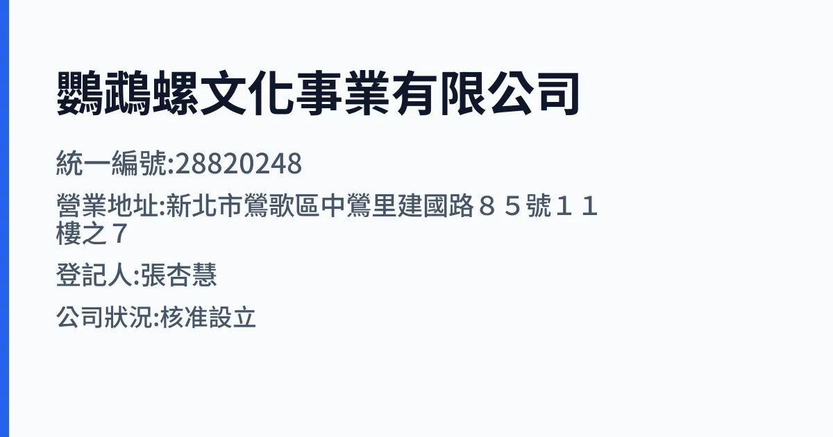 鸚鵡螺文化事業有限公司 - 統編 28820248(新北市) 公司登記資料與營業項目詳細圖表