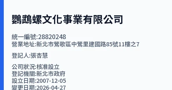 鸚鵡螺文化事業有限公司的照片-統編 28820248(新北市) 公司登記資料與營業項目詳細圖表