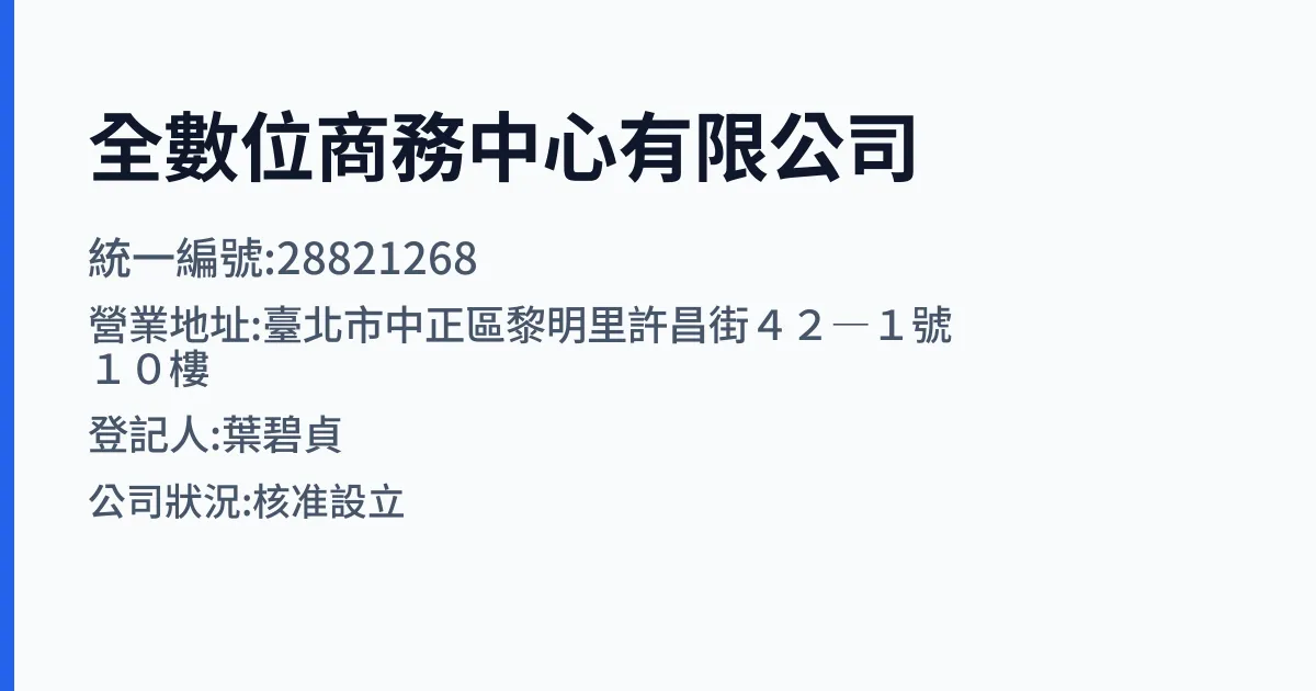 全數位商務中心有限公司 - 統編 28821268(臺北市) 公司登記資料與營業項目詳細圖表