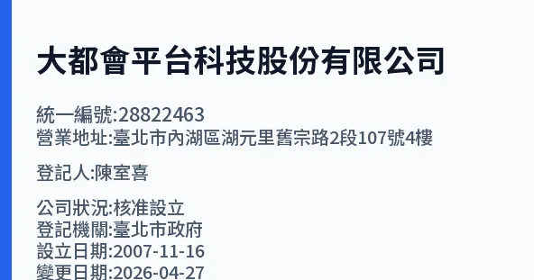 大都會平台科技股份有限公司的照片-統編 28822463(臺北市) 公司登記資料與營業項目詳細圖表