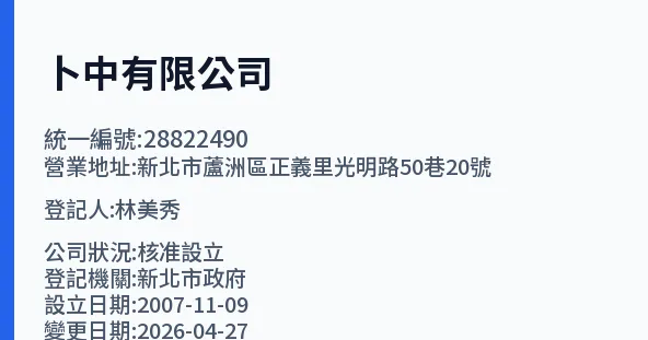 卜中有限公司的照片-統編 28822490(新北市) 公司登記資料與營業項目詳細圖表