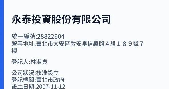 永泰投資股份有限公司的照片-統編 28822604(臺北市) 公司登記資料與營業項目詳細圖表