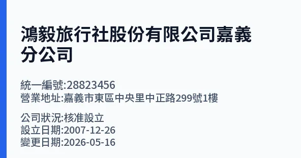 鴻毅旅行社股份有限公司嘉義分公司的照片-統編 28823456(嘉義市) 公司登記資料與營業項目詳細圖表