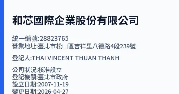 和芯國際企業股份有限公司的照片-統編 28823765(臺北市) 公司登記資料與營業項目詳細圖表