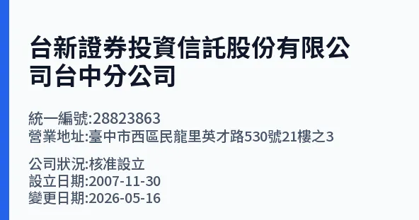 台新證券投資信託股份有限公司台中分公司的照片-統編 28823863(臺中市) 公司登記資料與營業項目詳細圖表