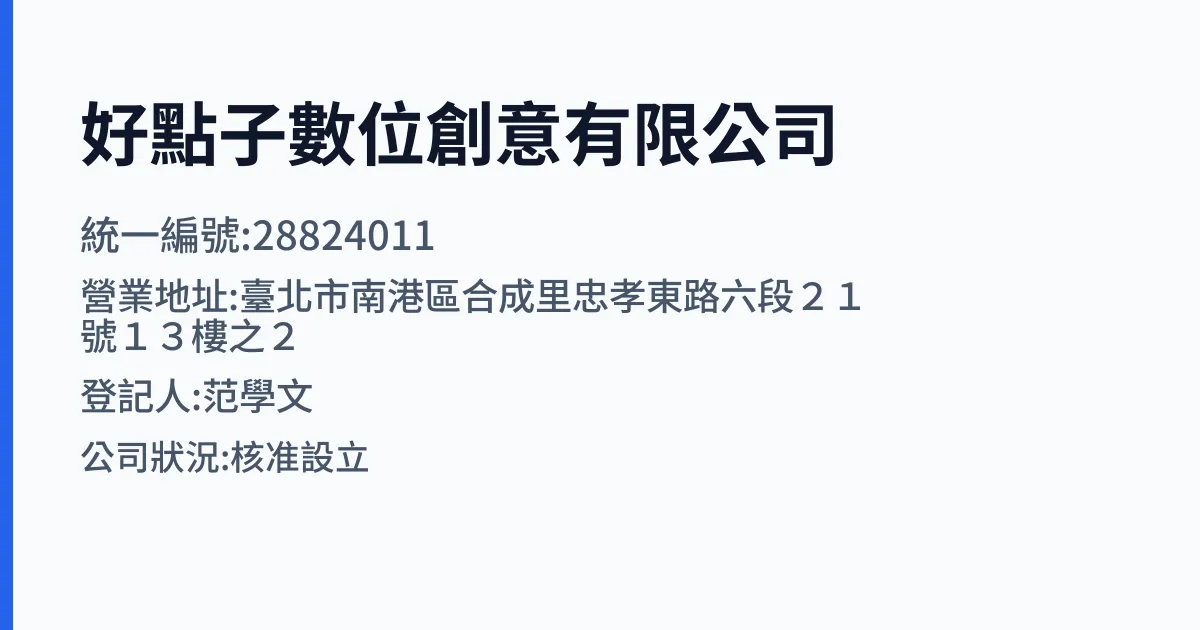 好點子數位創意有限公司 - 統編 28824011(臺北市) 公司登記資料與營業項目詳細圖表