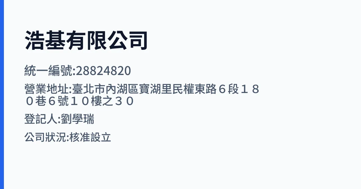 浩基有限公司 - 統編 28824820(臺北市) 公司登記資料與營業項目詳細圖表