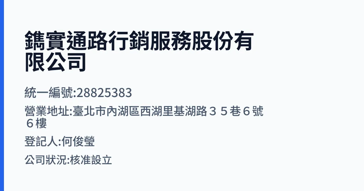 鐫實通路行銷服務股份有限公司 - 統編 28825383(臺北市) 公司登記資料與營業項目詳細圖表
