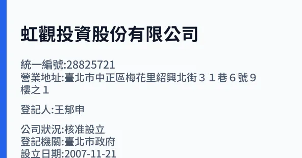虹觀投資股份有限公司的照片-統編 28825721(臺北市) 公司登記資料與營業項目詳細圖表