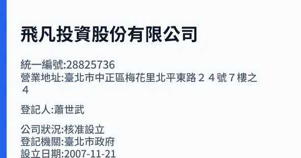 飛凡投資股份有限公司的照片-統編 28825736(臺北市) 公司登記資料與營業項目詳細圖表