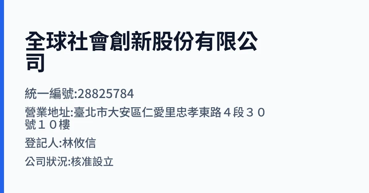 全球社會創新股份有限公司 - 統編 28825784(臺北市) 公司登記資料與營業項目詳細圖表