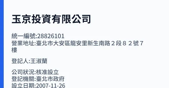 玉京投資有限公司的照片-統編 28826101(臺北市) 公司登記資料與營業項目詳細圖表
