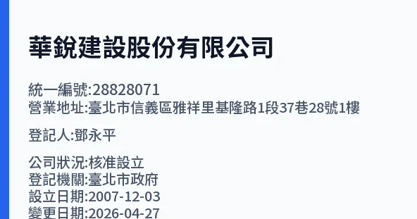 華銳建設股份有限公司的照片-統編 28828071(臺北市) 公司登記資料與營業項目詳細圖表
