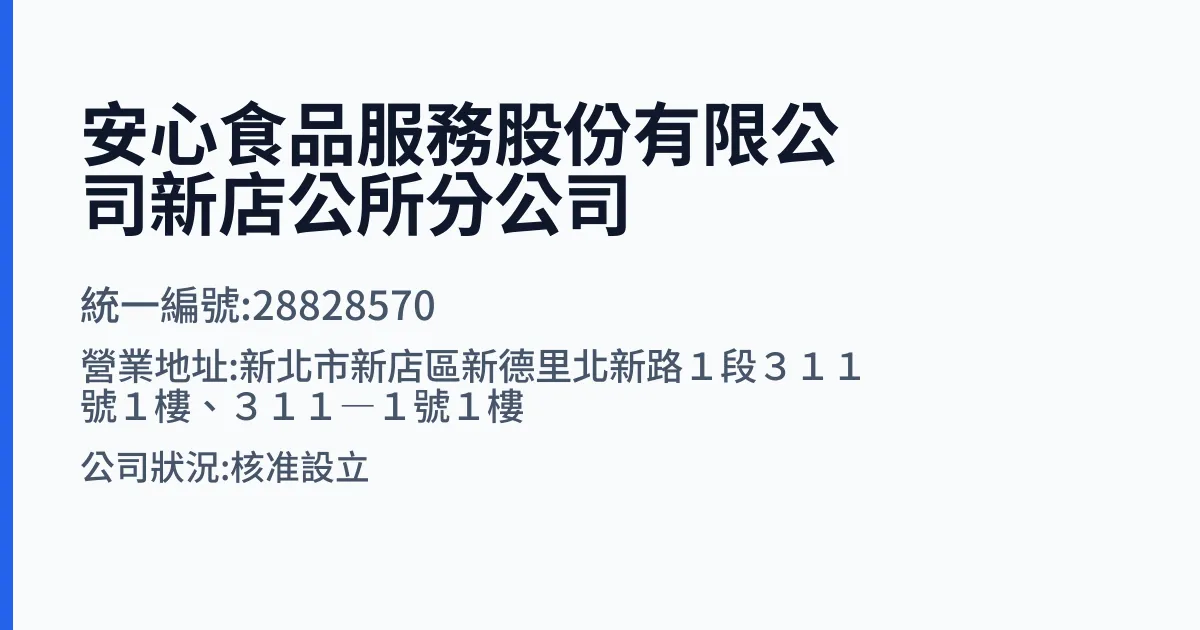 安心食品服務股份有限公司新店公所分公司 - 統編 28828570(新北市) 公司登記資料與營業項目詳細圖表