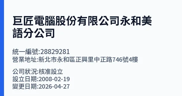 巨匠電腦股份有限公司永和美語分公司的照片-統編 28829281(新北市) 公司登記資料與營業項目詳細圖表