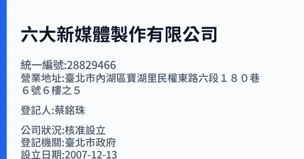 六大新媒體製作有限公司的照片-統編 28829466(臺北市) 公司登記資料與營業項目詳細圖表