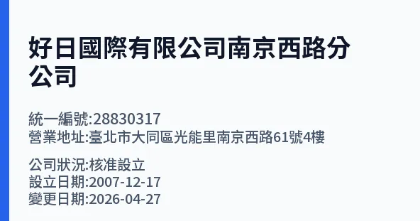 好日國際有限公司南京西路分公司的照片-統編 28830317(臺北市) 公司登記資料與營業項目詳細圖表