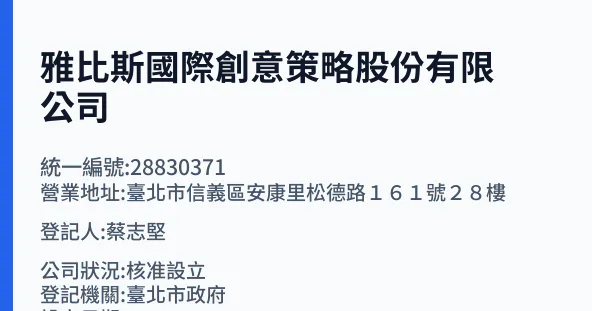 雅比斯國際創意策略股份有限公司的照片-統編 28830371(臺北市) 公司登記資料與營業項目詳細圖表